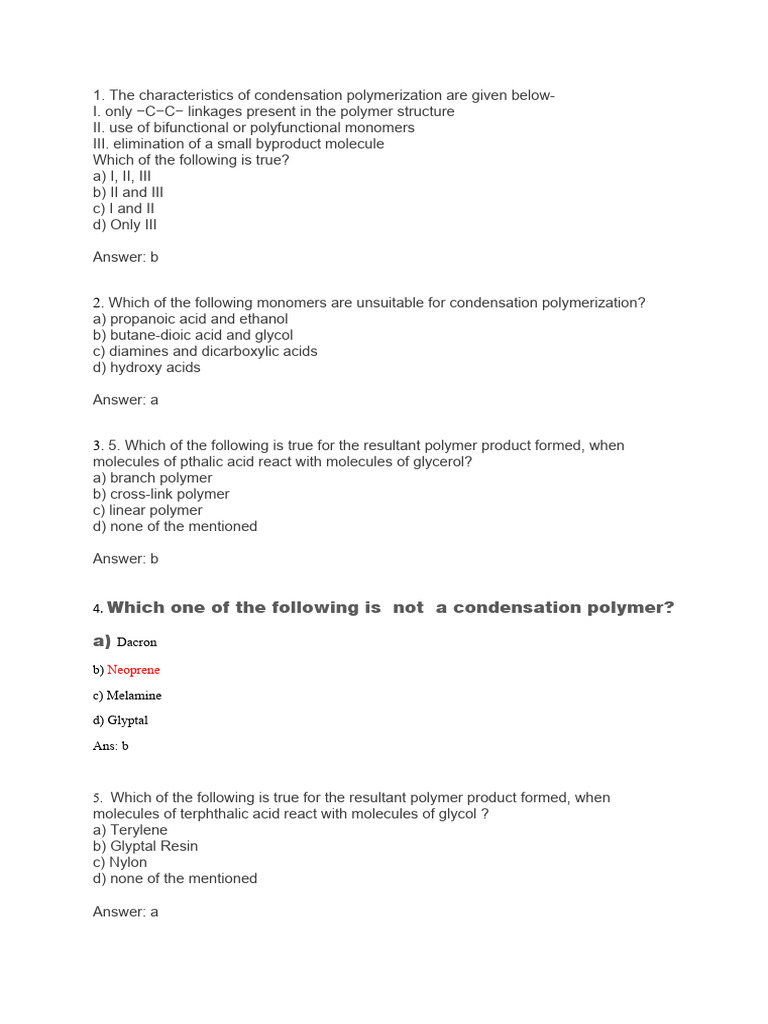Chemistry Unit 5 MCQ With Answers | PDF | Polymers | Polymerization