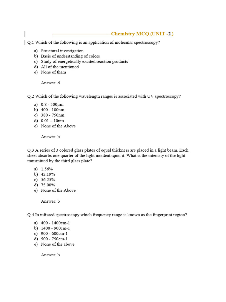 Chemistry Unit 2 MCQ With Answers | Download Free PDF | Infrared Spectroscopy | Emission Spectrum