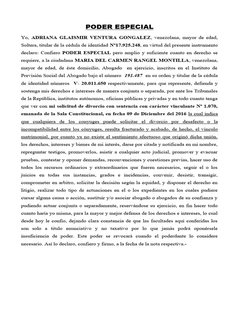 Poder Especial para Divorcio Adriana Peru | PDF | Divorcio | Justicia