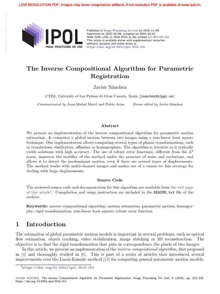 The Inverse Compositional Algorithm For Parametric Registration | PDF | Robust Statistics ...
