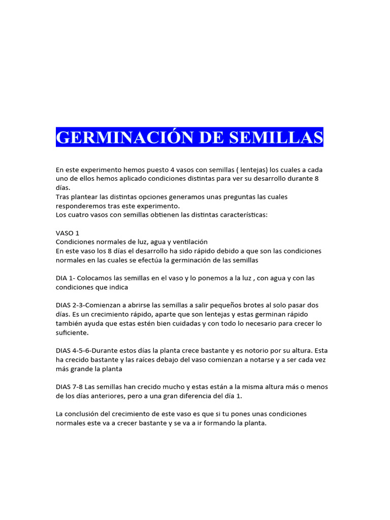 GERMINACIÓN DE SEMILLAS | PDF | Semilla | Plantas