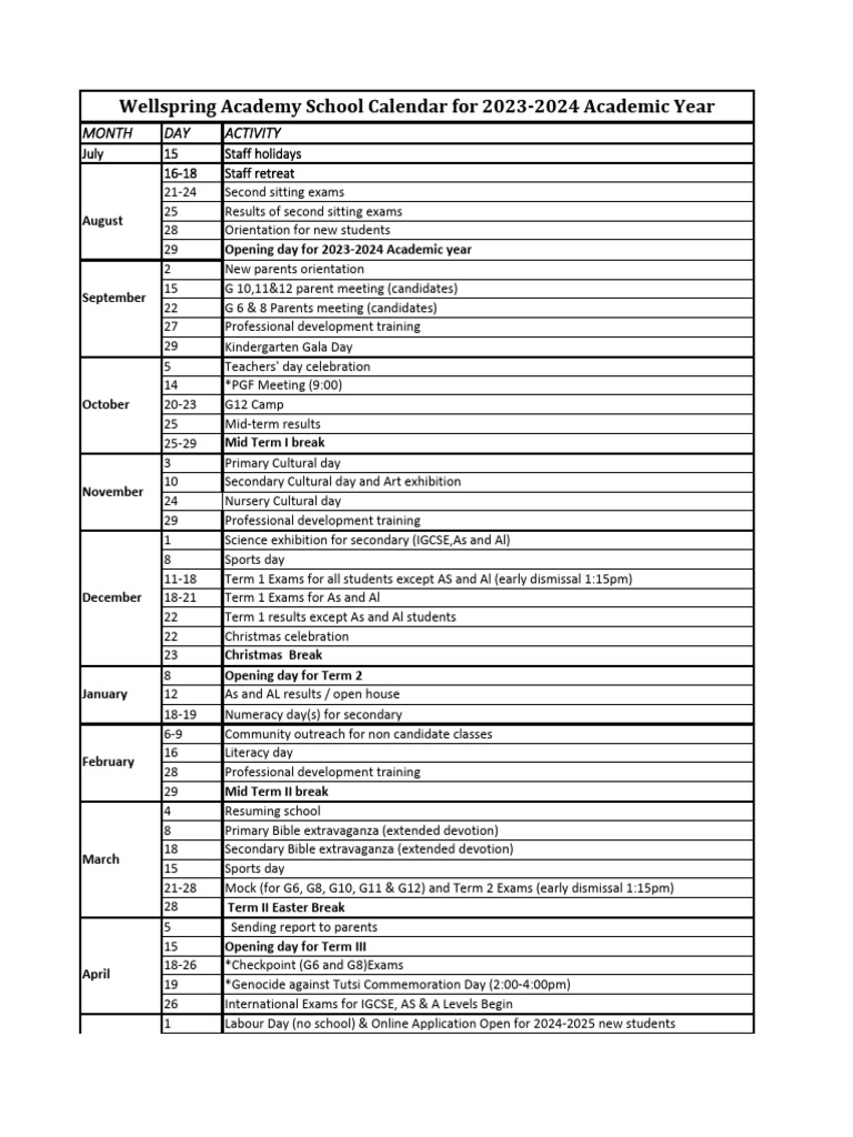 Wellspring Academy School Calendar For 2023 2024 | Download Free PDF ...