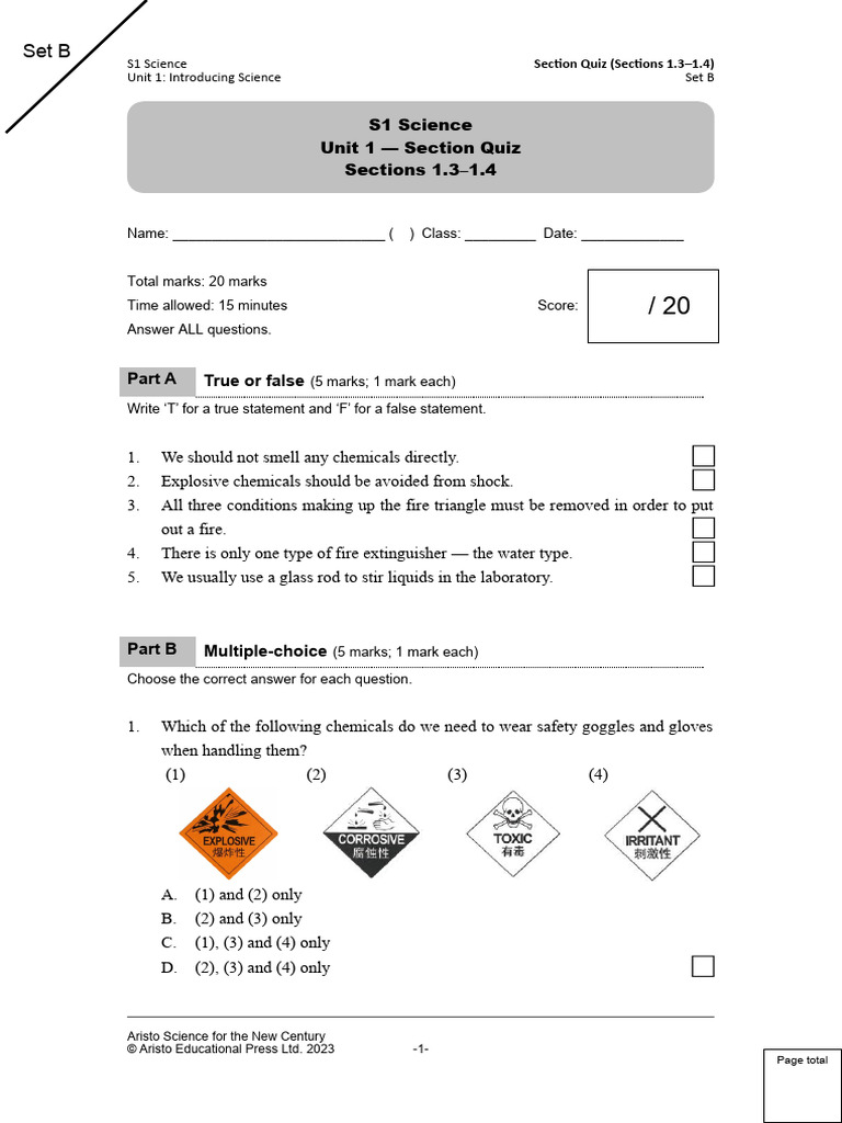 S1 Science Quiz: Safety & Fire Concepts | PDF | Water | Chemistry