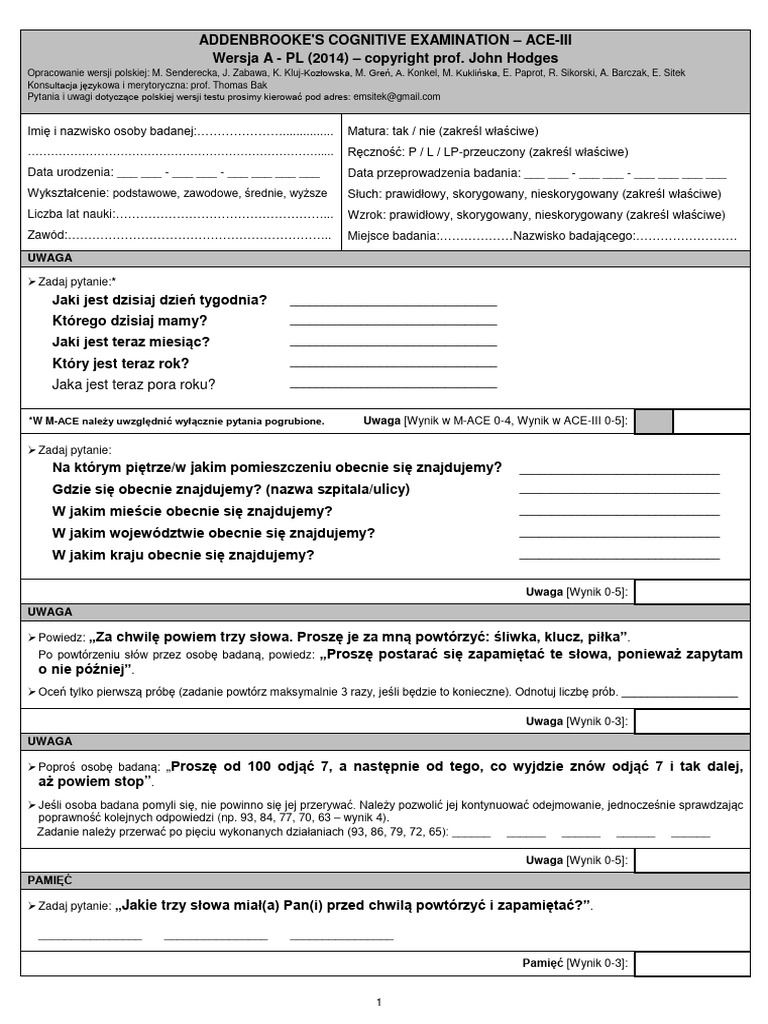 ACE-III Administration (Polish) Version A-2 | PDF