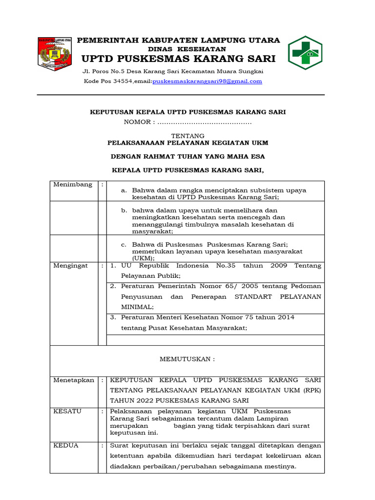 Contoh SK Pelayanan Ukm - 090326 | PDF