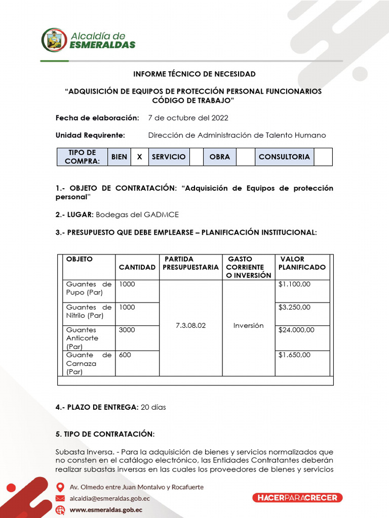 INFORME TÉCNICO DE NECESIDAD EQUIPOS DE PROTECCION PERSONAL-signed-signed | PDF | Subasta ...
