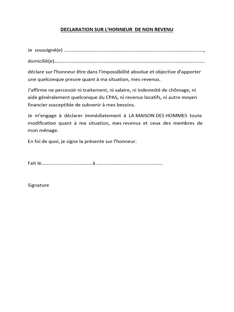 Déclaration sur l'honneur de non revenu | PDF