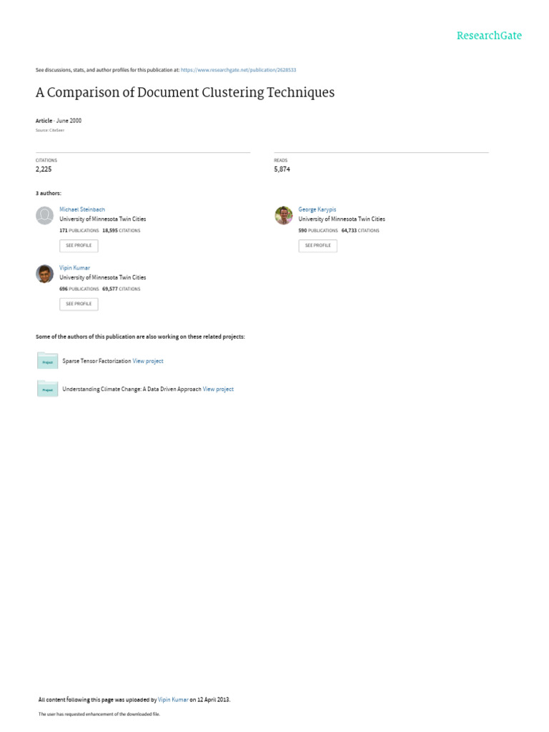 A Comparison of Document Clustering Techniques | PDF | Cluster Analysis | Data Analysis