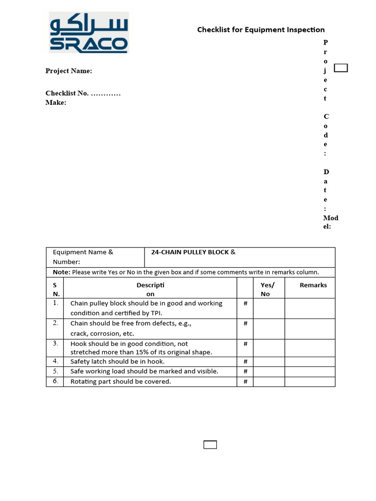 Checklist For Equipment Inspection Chain Pulley Block | PDF ...