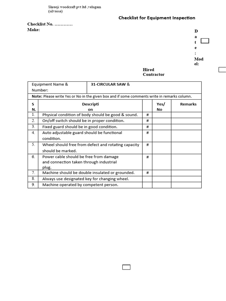 Checklist For Equipment Inspection Circular Saw | PDF