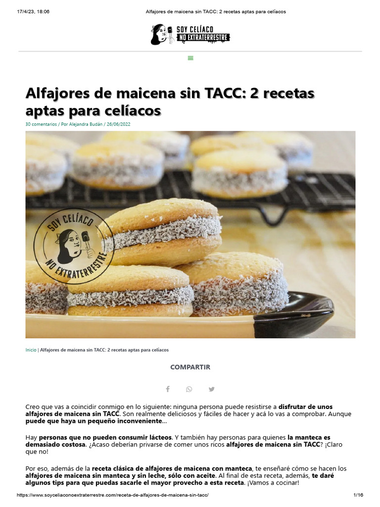Alfajores de Maicena Sin TACC - 2 Recetas Aptas para Celíacos | PDF | Maicena | Galleta