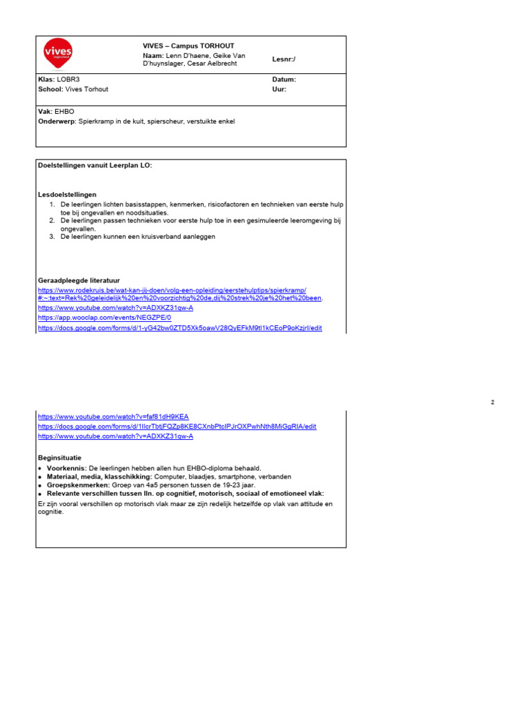 Lesvoorbereiding Ehbo Spierkramp Spierscheur en Verstuikte Enkel | PDF