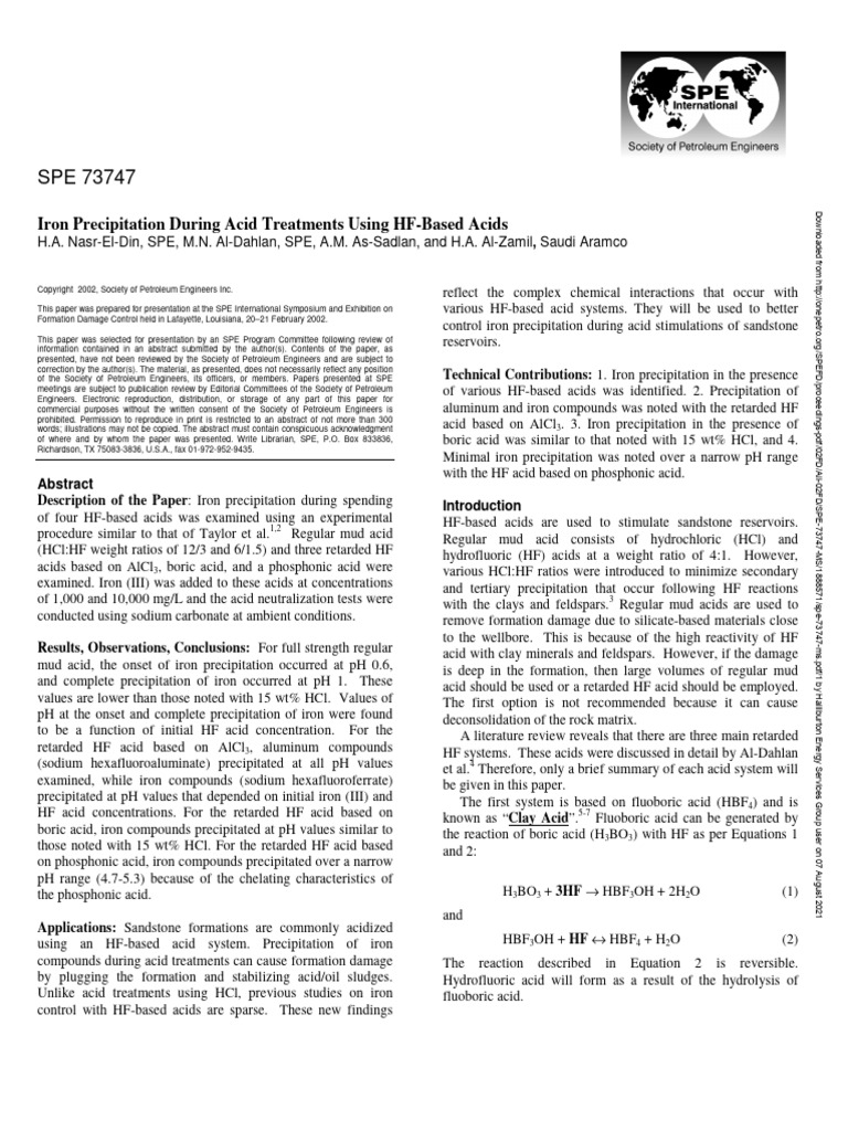 Iron Precipitation During Acid Treatments Using HF-Based Acids | PDF ...