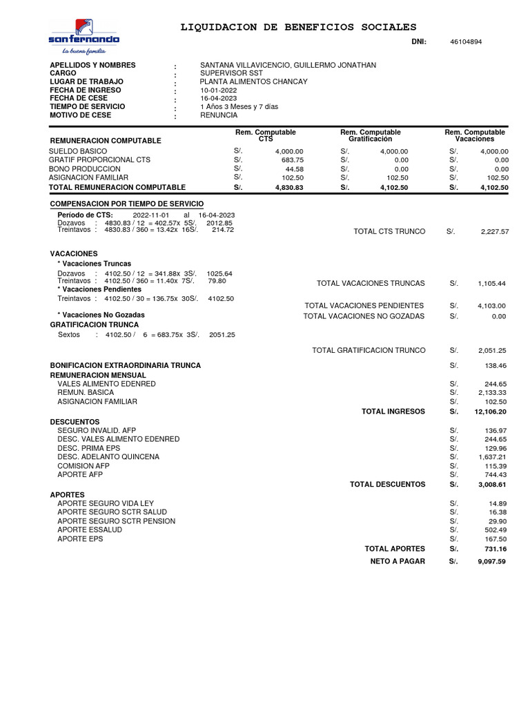 Liquidacion de Beneficios Sociales | PDF | Salario | Gastos