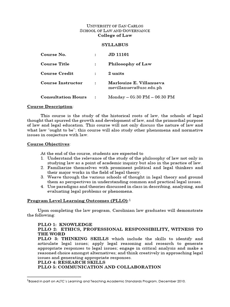 Syllabus - Philosophy of Law (1S AY 2023-24) FINAL | PDF ...