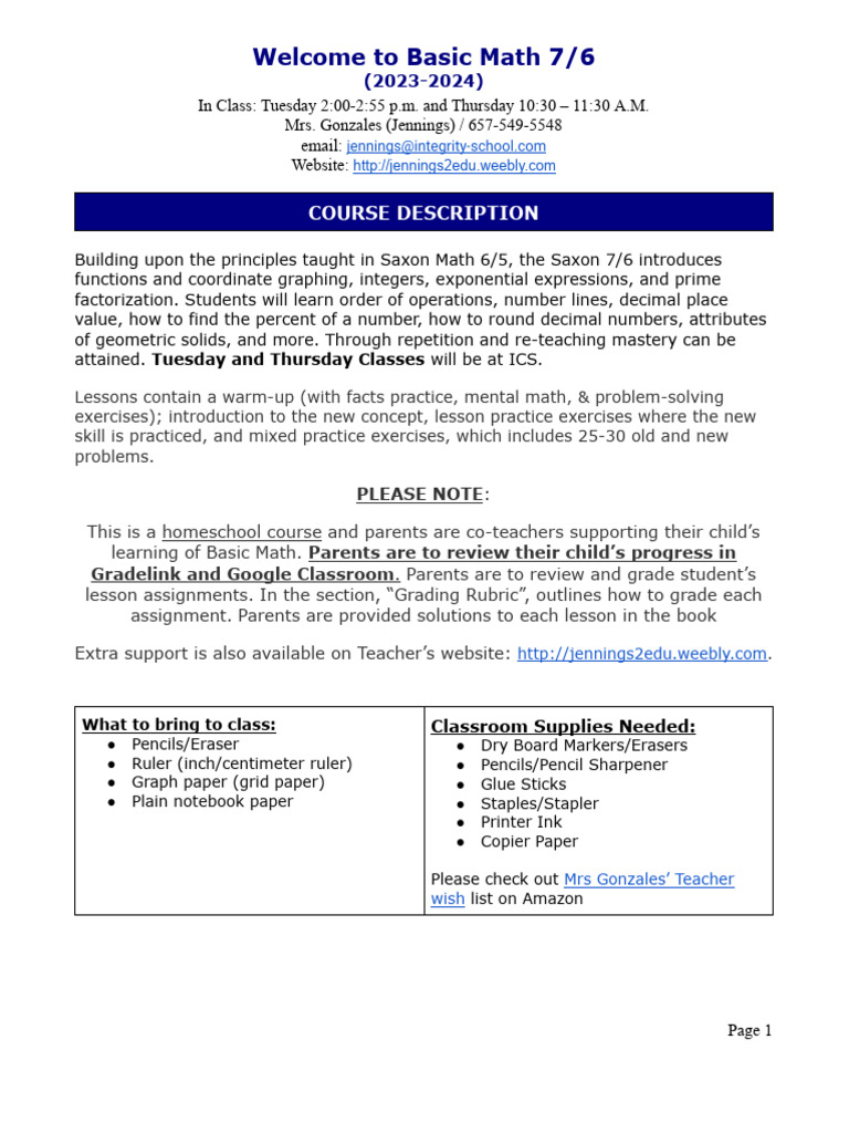 Basic Math Syllabus 2023-2024 | PDF | Mathematics | Teachers