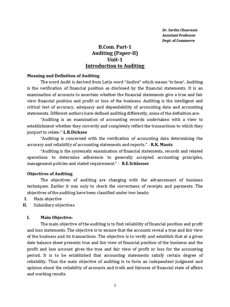 Auditing (Paper-II) Unit-1 Introduction To Auditing: Meaning and Definition of Auditing | PDF ...