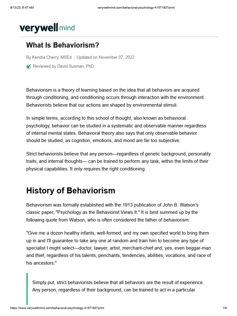 Behaviorism - Definition, History, Concepts, and Impact | PDF ...