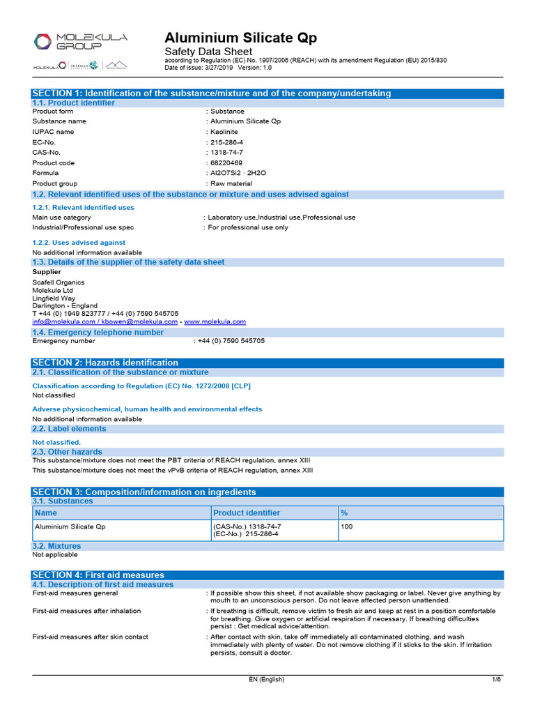 Aluminium Silicate Qp Safety Data | PDF | Firefighting | Toxicity