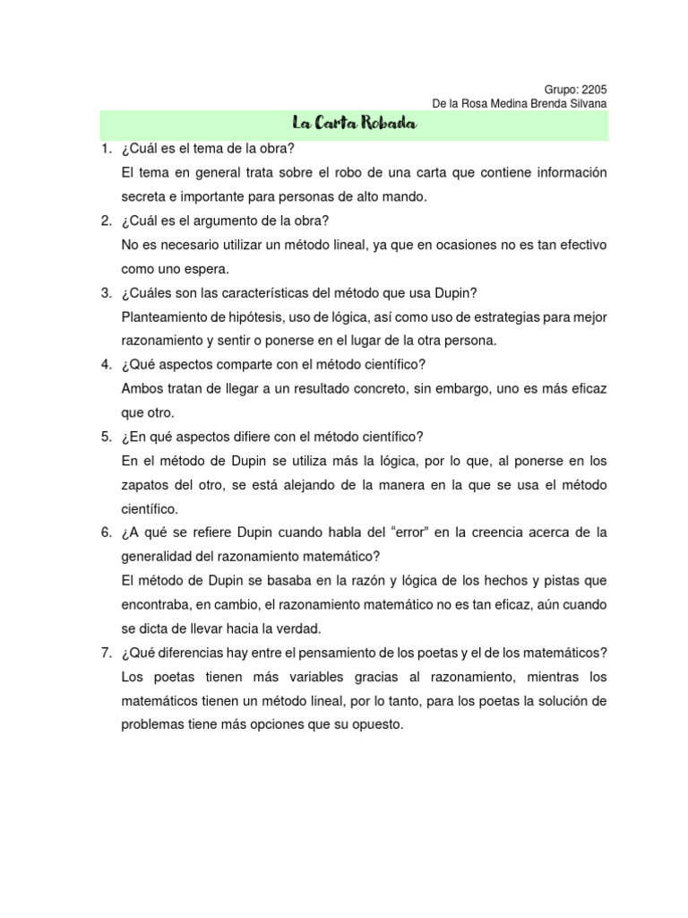 La Carta Robada Preguntas Pdf