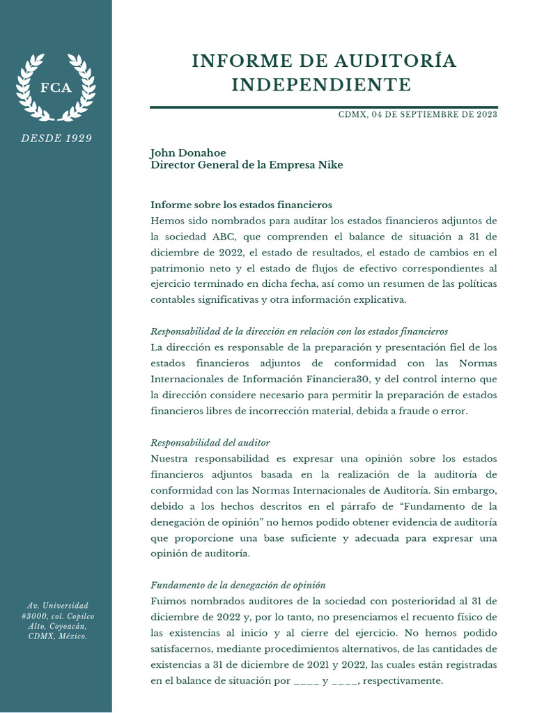 Ejemplo de Informe de Auditoría Independiente, Denegación | Descargar gratis PDF | Auditoría ...