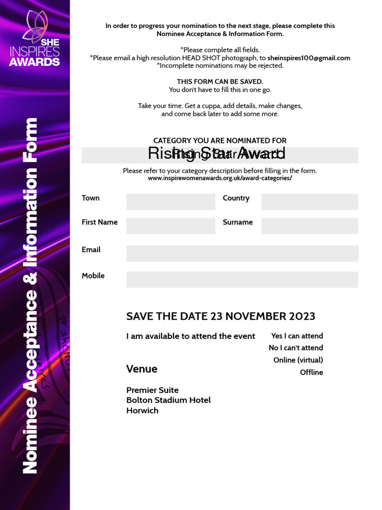 She Inspires Award 2023 Nominee Acceptance Form | PDF