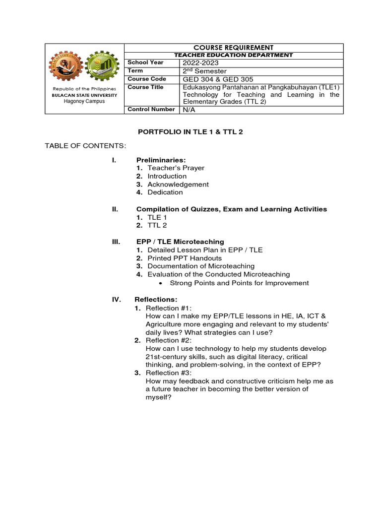 TLE1 & TTL2 Portfolio Compilation | PDF | Learning | Behavior Modification