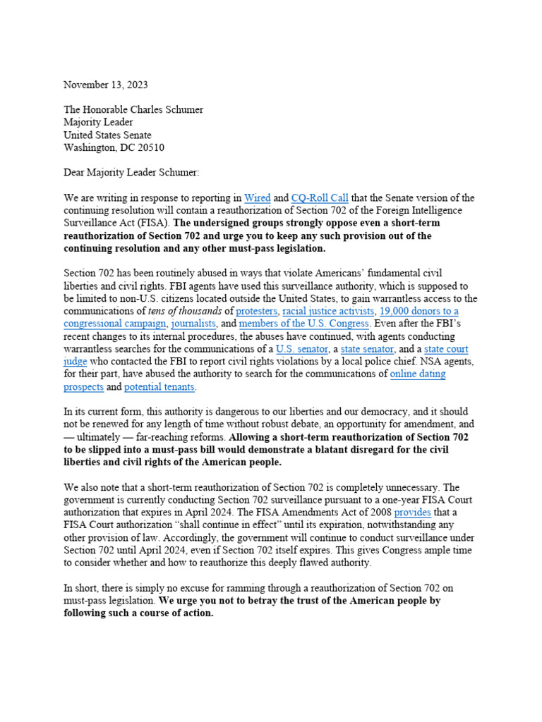 Letter To Schumer 11-12-23 | PDF | Foreign Intelligence Surveillance ...