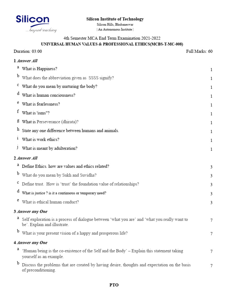 UNIVERSAL HUMAN VALUES & PROFESSIONAL ETHICS (MCBS-T-MC-008) - End Term Exam - 2021-2022 | PDF ...