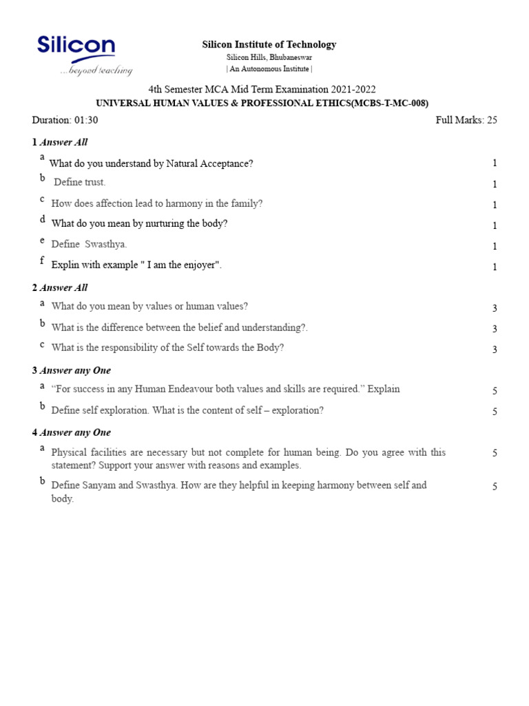 UNIVERSAL HUMAN VALUES & PROFESSIONAL ETHICS (MCBS-T-MC-008) - Mid Term ... UNIVERSAL HUMAN VALUES & PROFESSIONAL ETHICS (MCBS-T-MC-008) - Mid Term ...