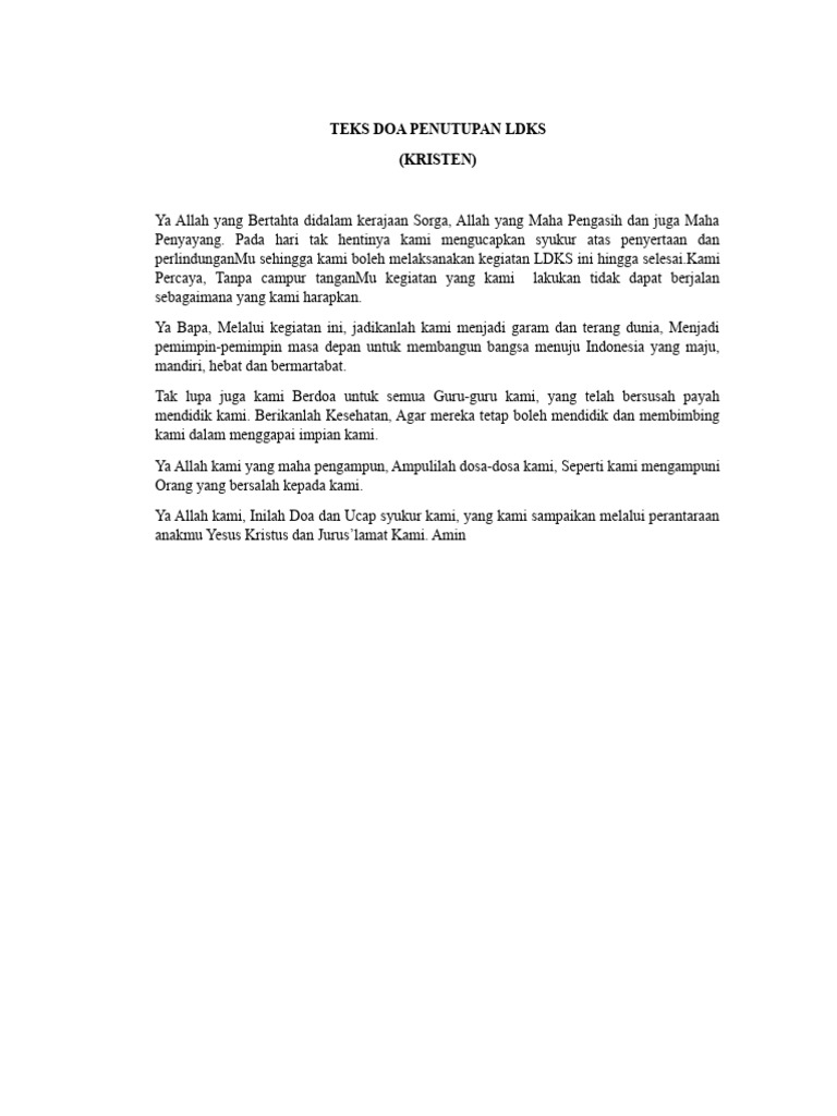TEKS DOA PENUTUPAN LDKS (Kristen) | PDF