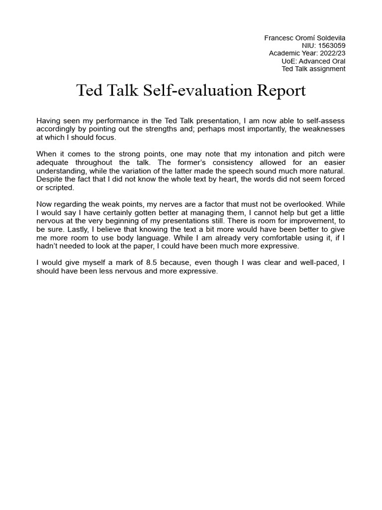 Ted Talk self-evaluation report, Francesc Oromí | PDF