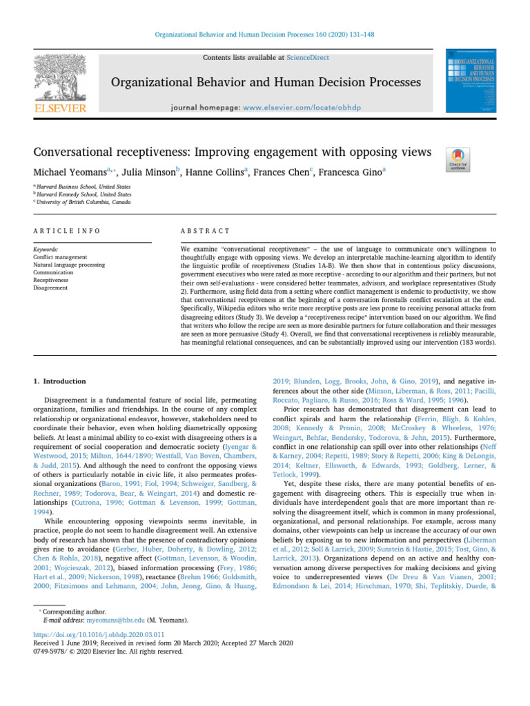 Yeomans Minson Collins Chen Gino 2020 | PDF | Psychological Concepts | Behavioural Sciences