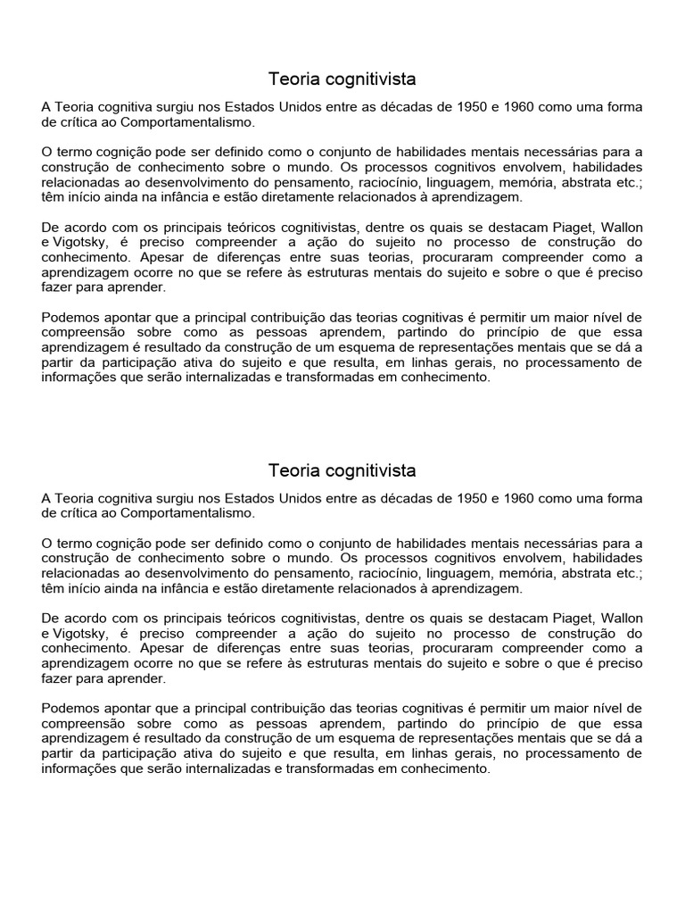 teoria cognitivista- Márcia Farinella | PDF | Aprendizado | Conhecimento