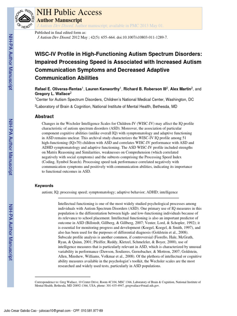 WISC-IV Profile in High-Functioning Autism Spectrum Disorders | PDF ...
