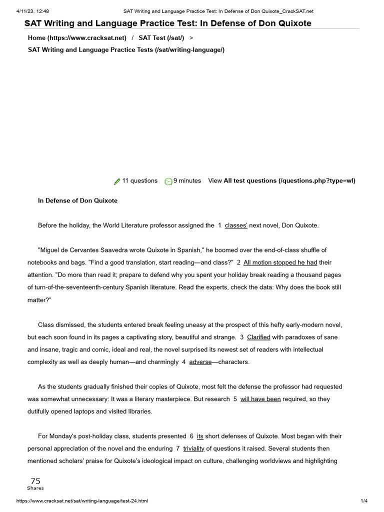 SAT Writing and Language Practice Test - in Defense of Don Quixote ...