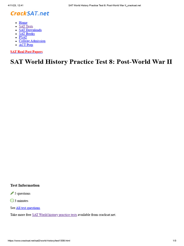 SAT World History Practice Test 8 - Post-World War II | PDF | Sat ...
