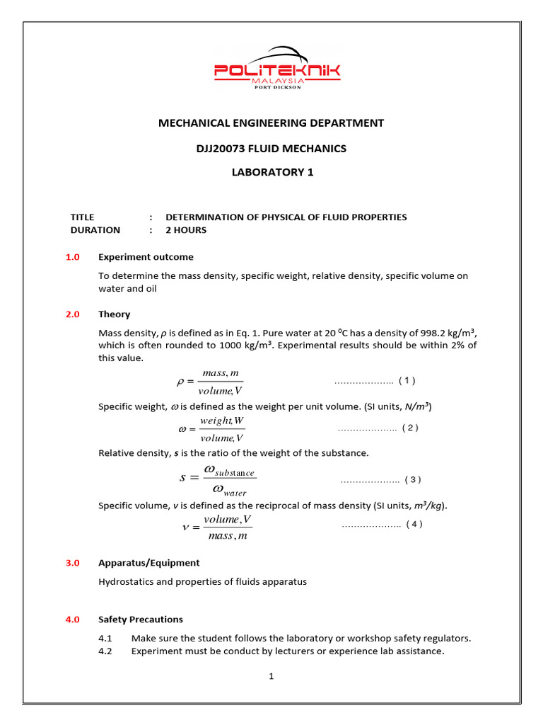 Lab 1 Fluid Properties R1 | PDF | Density | Mass