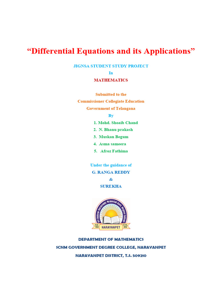 "Differential Equations and Its Applications": Jignsa Student Study Project in | PDF | Partial ...