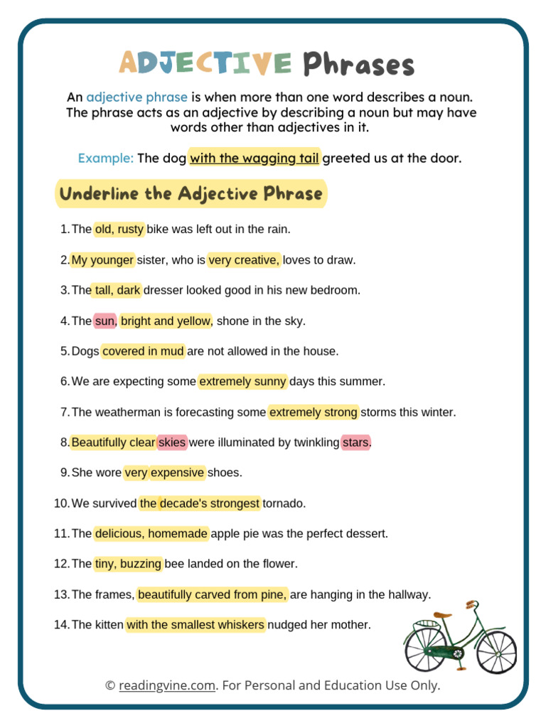 Underline The Adjective Phrase Worksheet | PDF