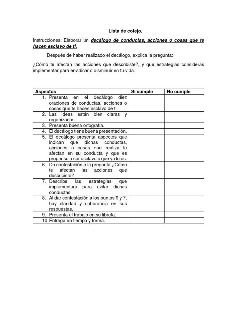 Lista de Cotejo para Decálogo de Conductas | PDF | Crecimiento personal ...