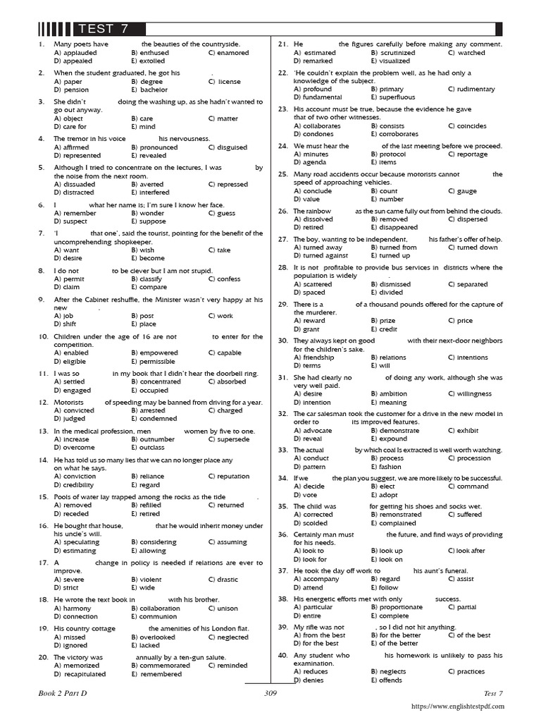 English Vocabulary Test: Multiple Choice Questions | PDF