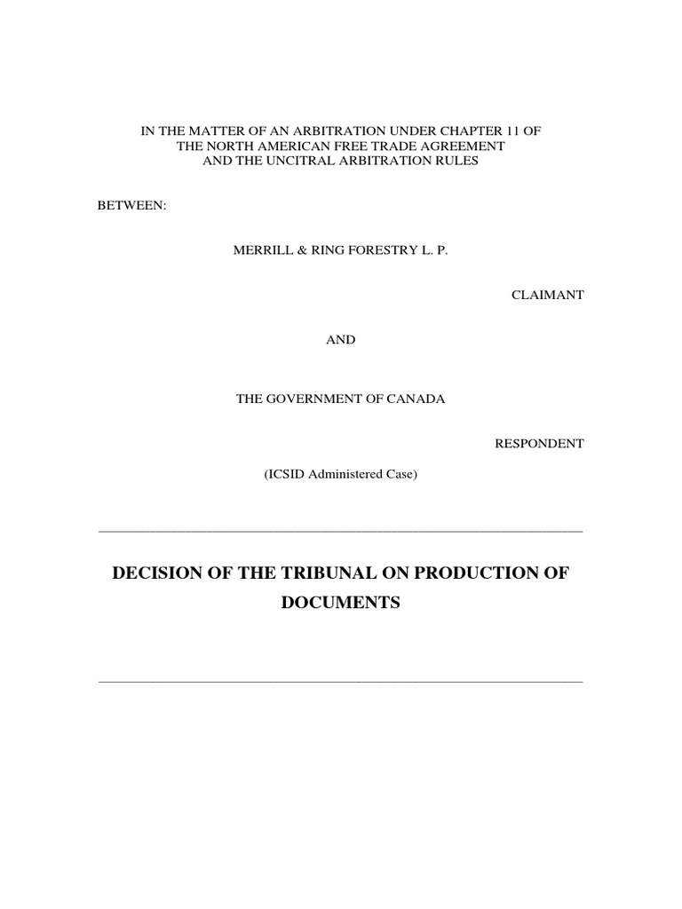 ICSID Case. The Tribunal Ordered The Production of Documents But ...