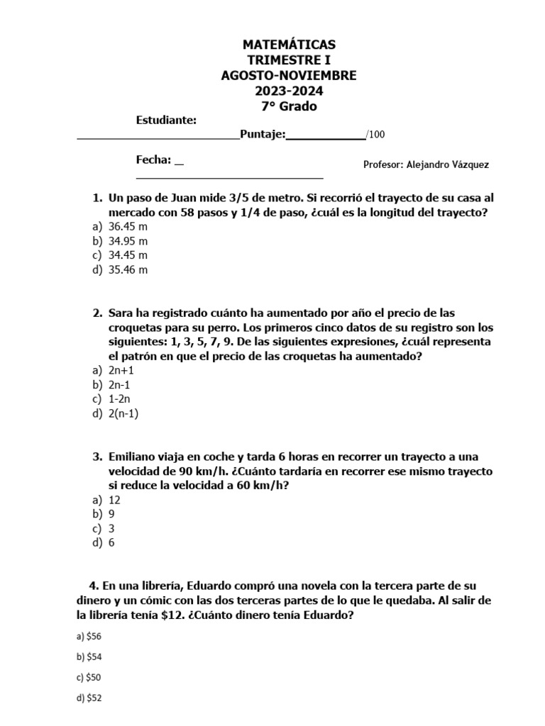 Ejercicios de Matemáticas 7° Grado | PDF