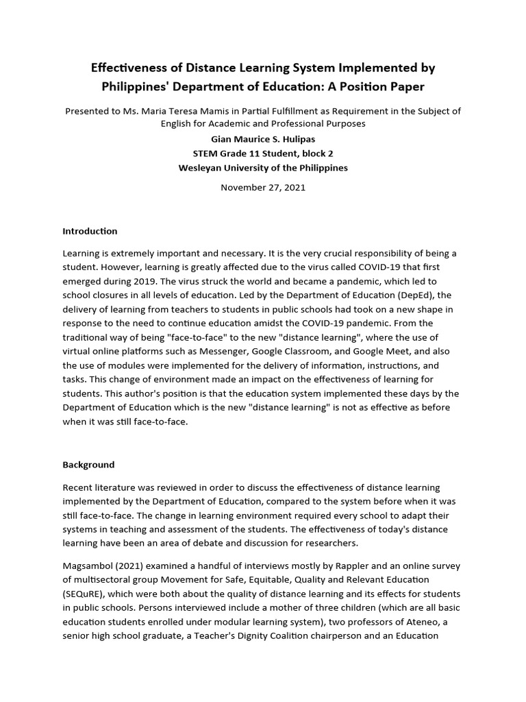 Effectiveness of Distance Learning System Implemented by Philippines ...