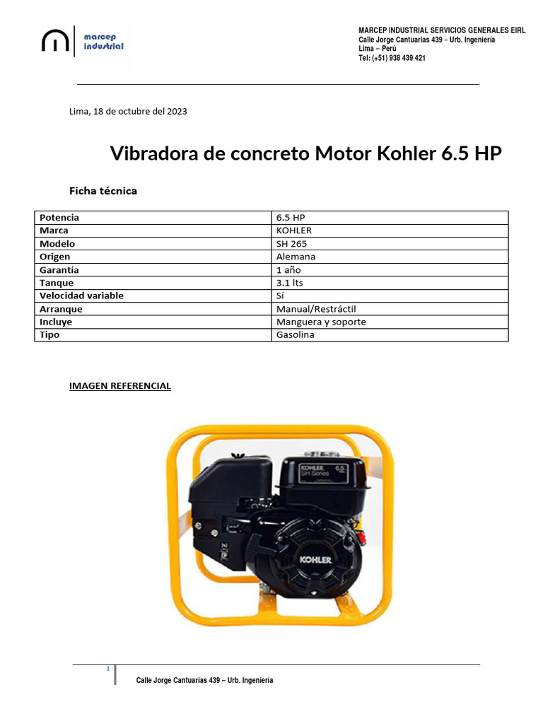 Ficha Técnica - Vibradora de Concreto 6.5 HP | PDF