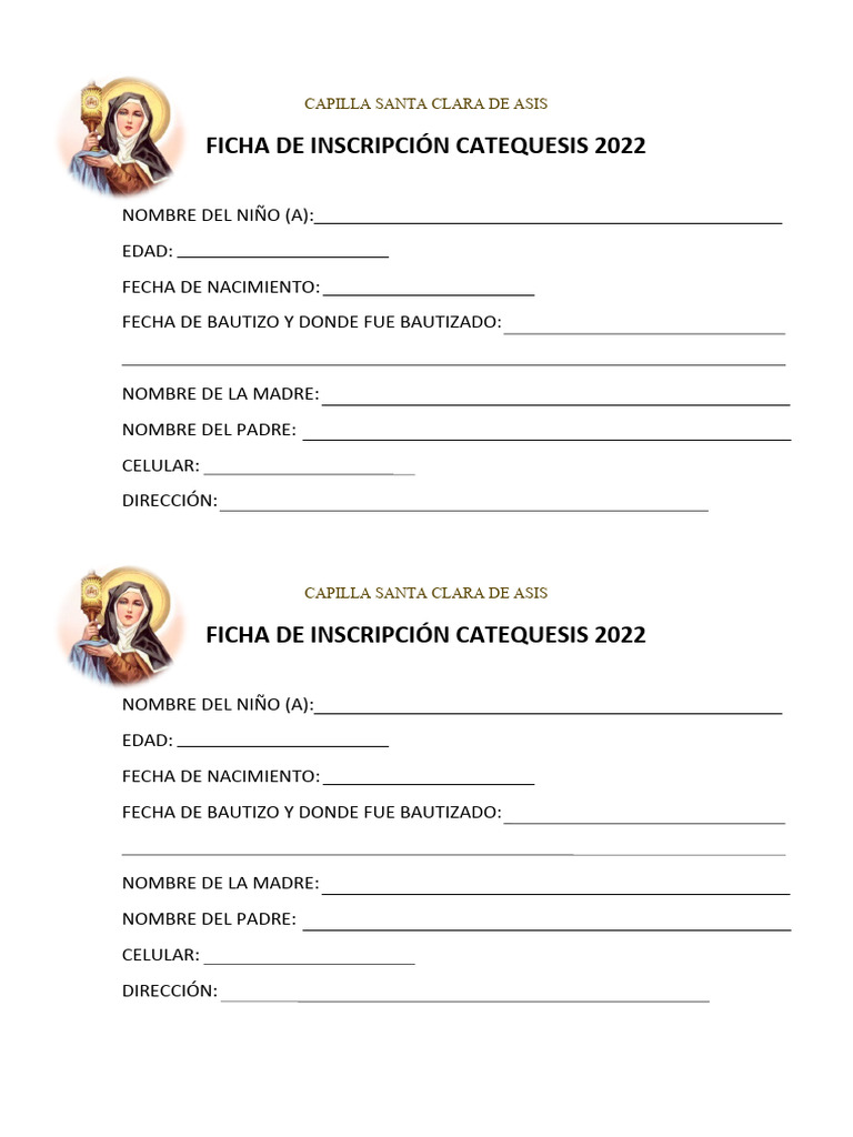 Ficha de Inscripción Catequesis Capilla Santa Clara de Asis | PDF