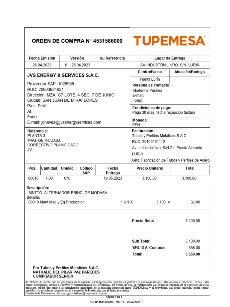 Orden de Compra N° 4531586009 - JVS Energy | PDF