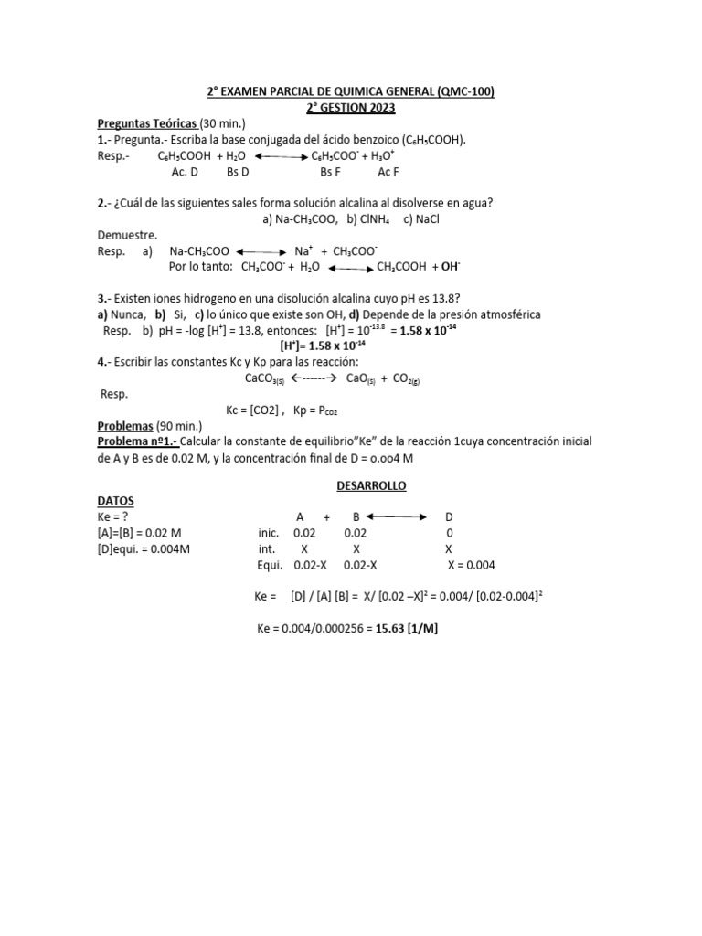 RESOLUCION DEL 2° EXAMEN PARCILA DE QMC-100 | PDF | Átomos | Ramas de la termodinámica