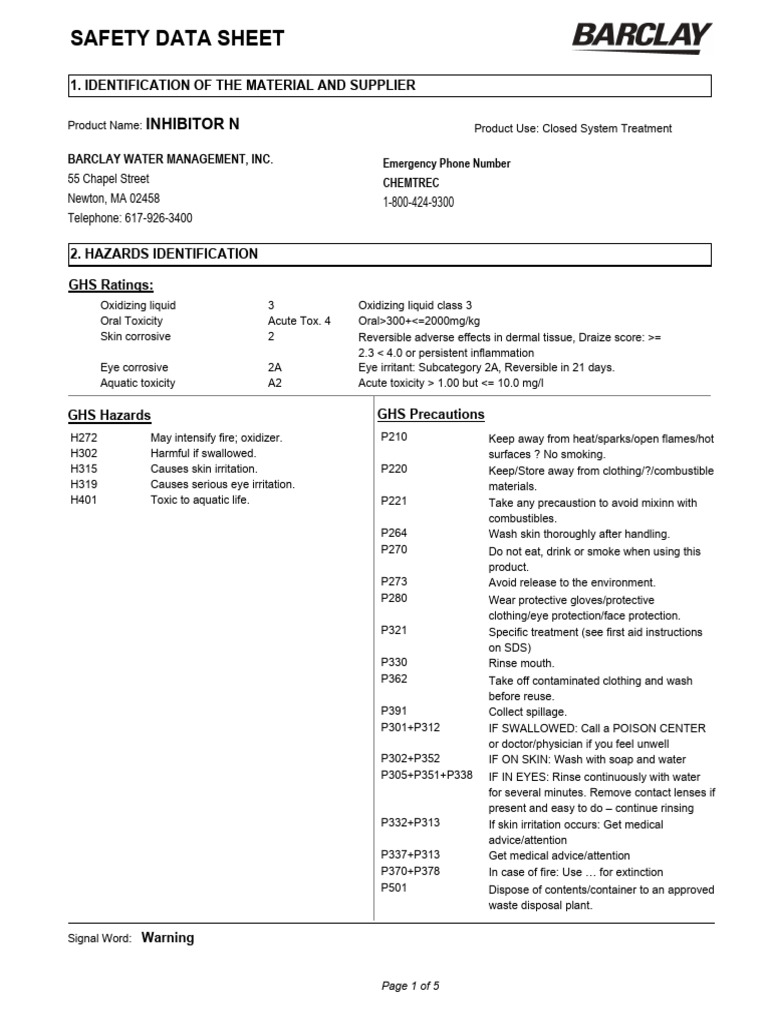Inhibitor-N SDS | PDF | Occupational Safety And Health | Safety